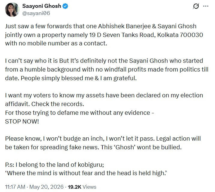TMC's Saayoni Ghosh clears air on Kolkata flat row linked to Abhishek ...