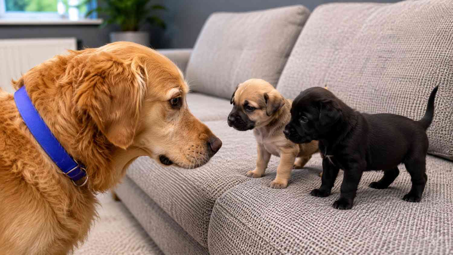 Golden retriever greets four week old puppies