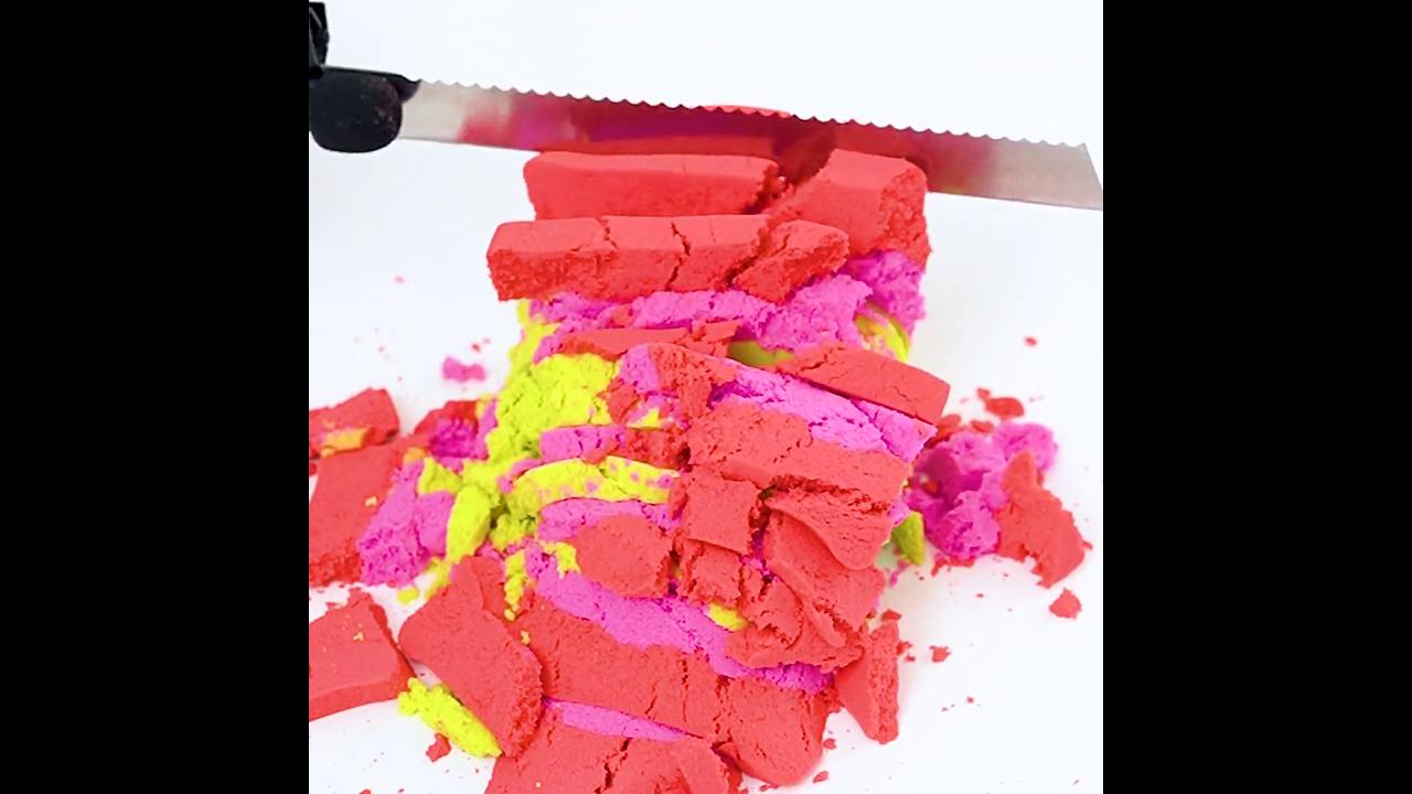 Satisfying scraping soft rainbow sand layers with serrated knife ...