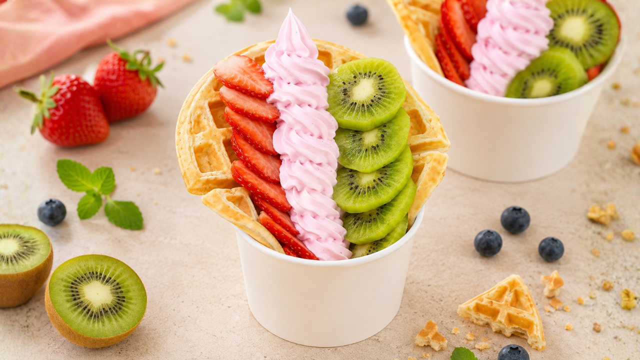 Fruit waffle cup with cream and fresh toppings