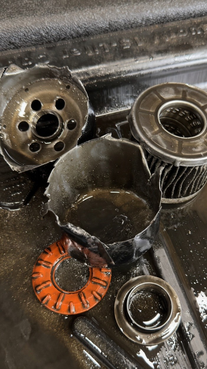 Broken oil filter seen during a C5 Corvette engine build