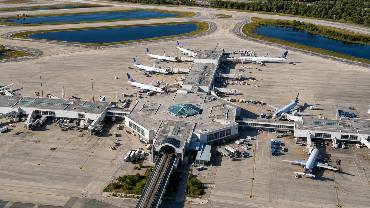 Orlando Airport terminal surrounded by runways and aircraft