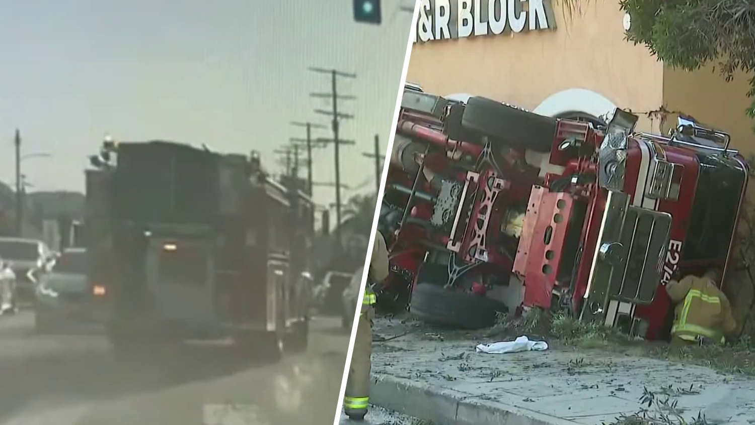 LAFD fire truck crashes and rolls onto side in front of Sunland H&R Block