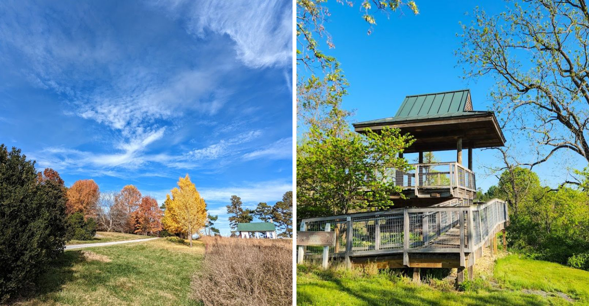 This Virginia arboretum has a small stone tower overlook with seriously ...
