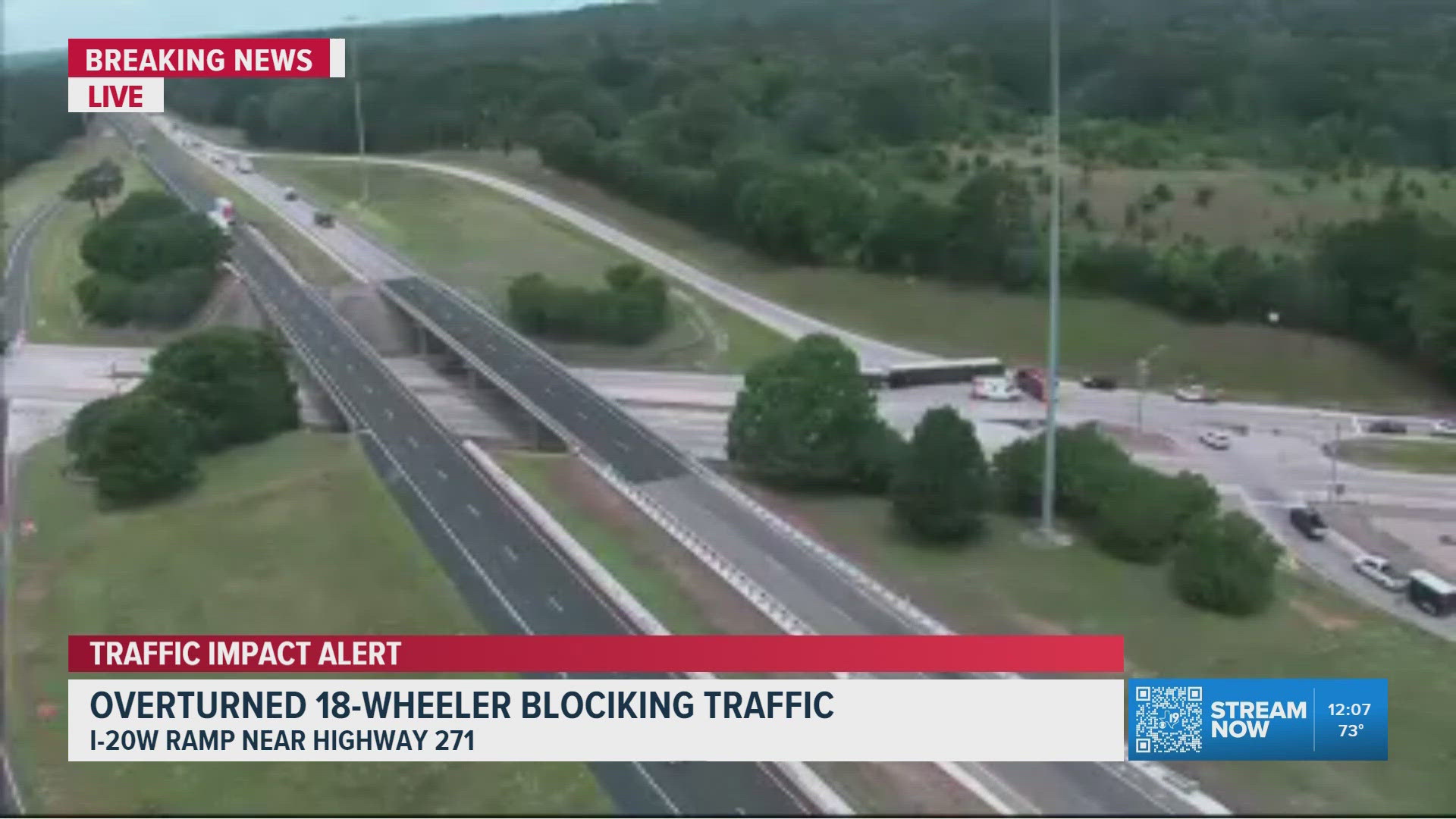 Overturned 18-wheeler blocks lanes near I-20