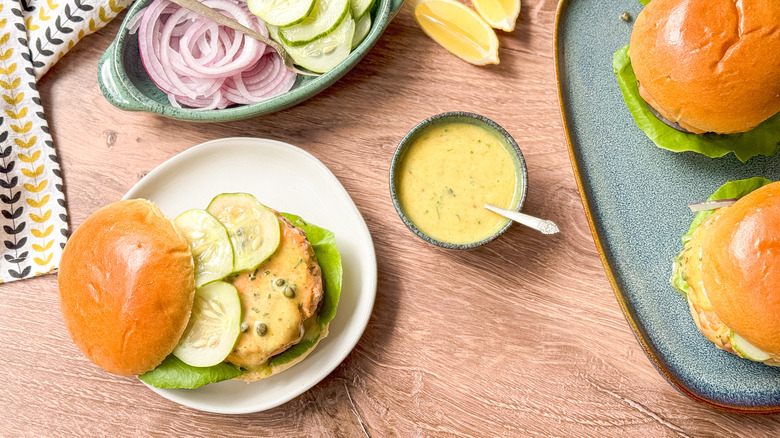 Broiled salmon burgers with curry remoulade recipe