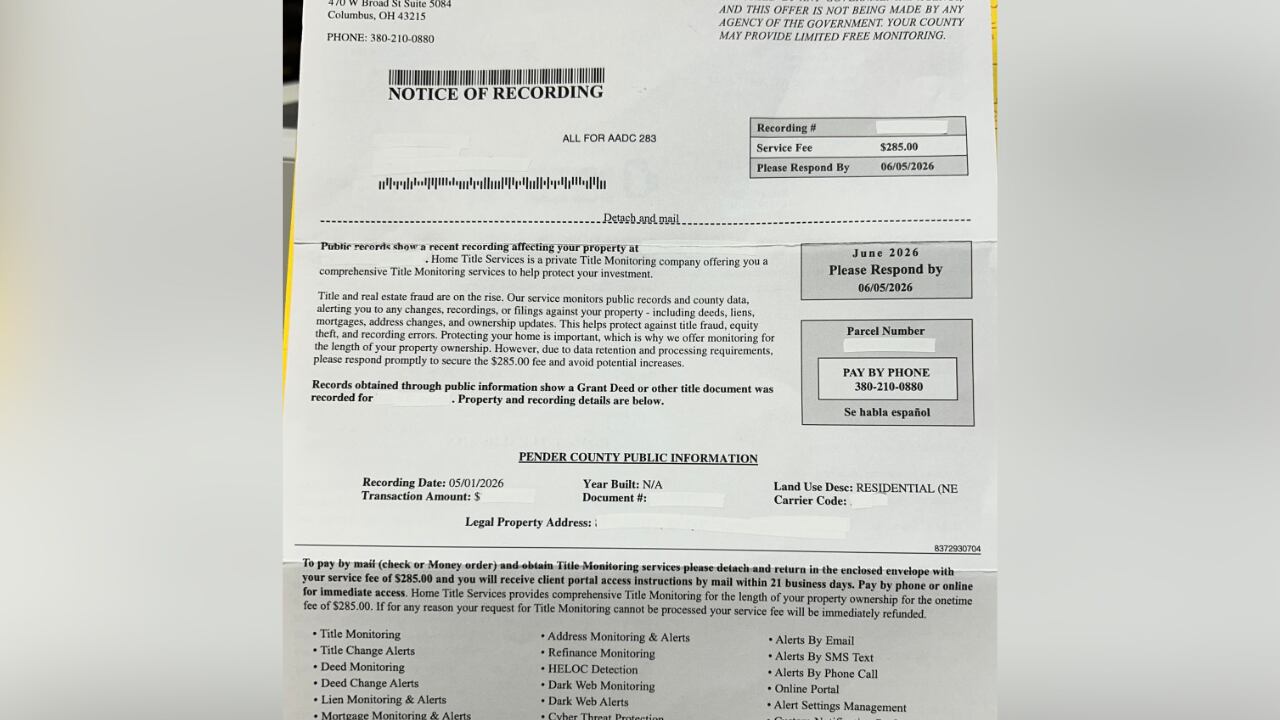 Pender County warns residents about fraudulent title monitoring mailings