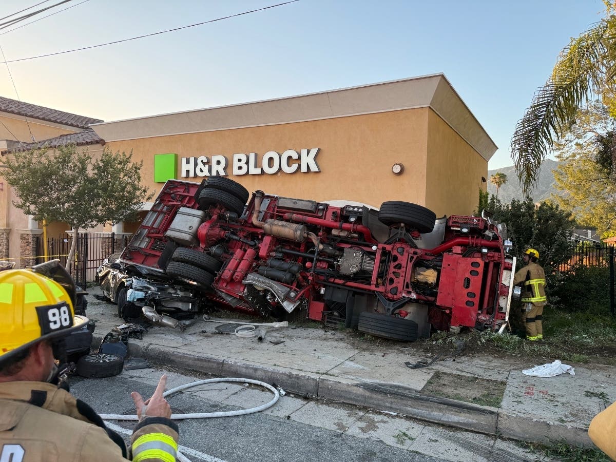 Fire truck tips over while responding to LA blaze, 2 firefighters injured