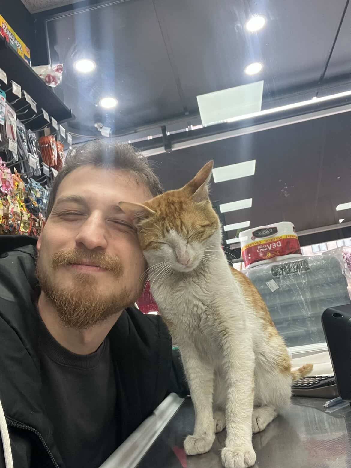 Shopkeeper helps a hungry stray cat — and now gets daily hugs in return