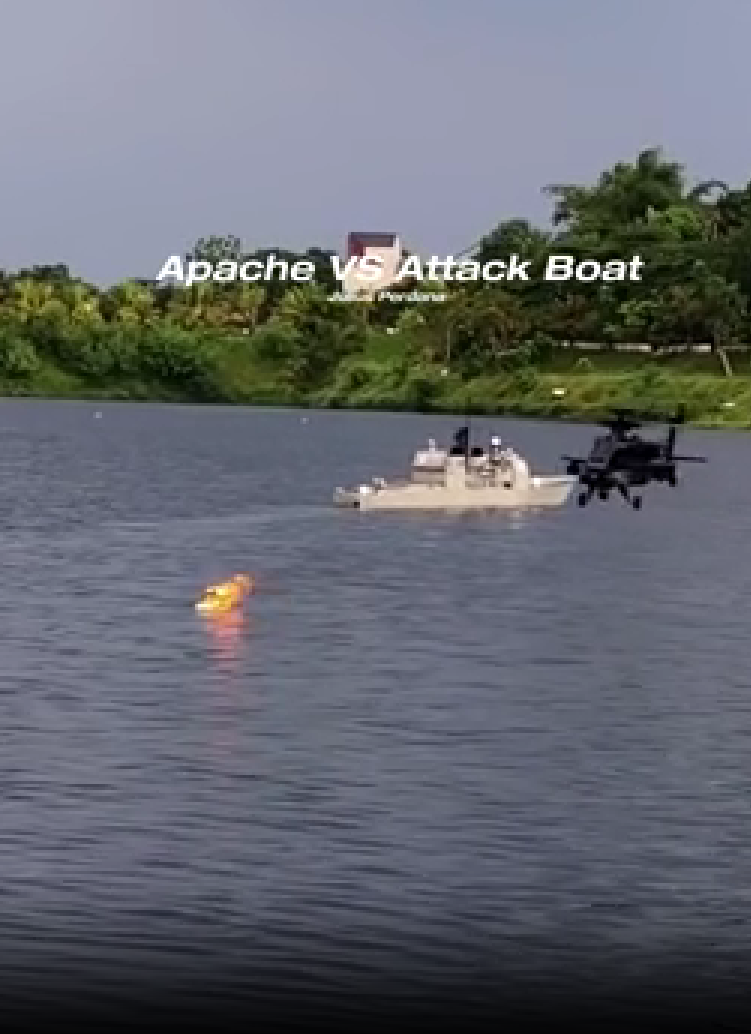 RC Apache helicopter versus high speed attack boat