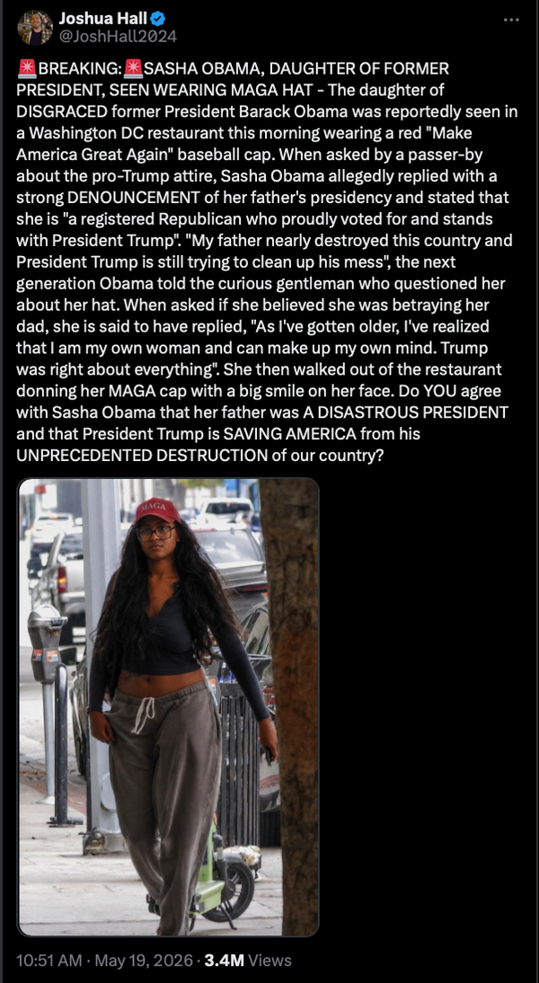 Image showing Sasha Obama wearing MAGA hat is altered