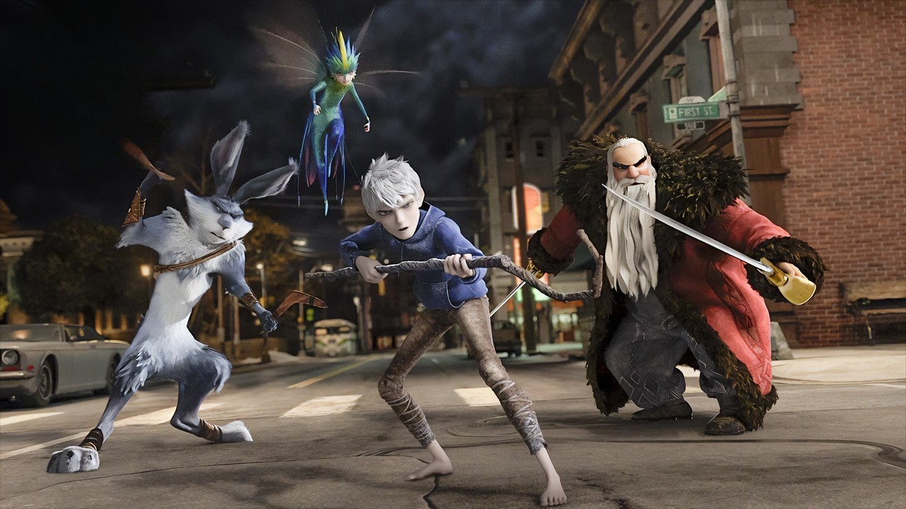 The kids protect the guardians from Pitch Black Rise of the Guardians