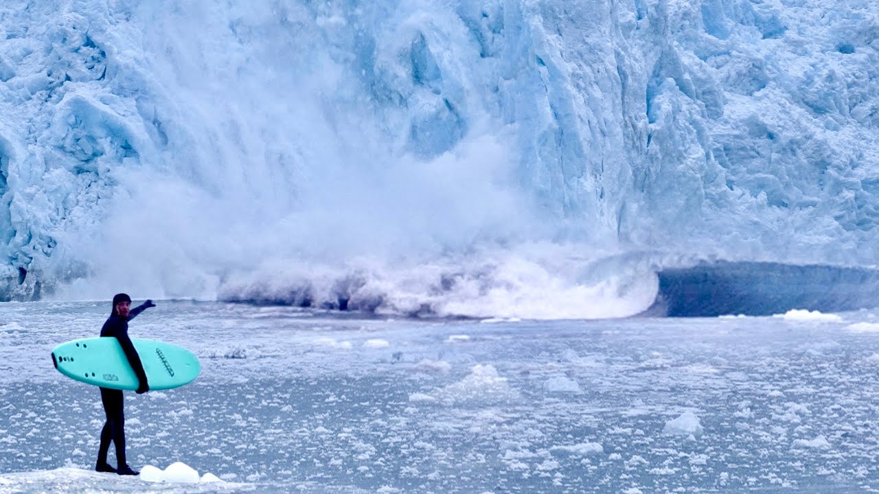Massive glacier collapses and makes a surfable tsunami wave