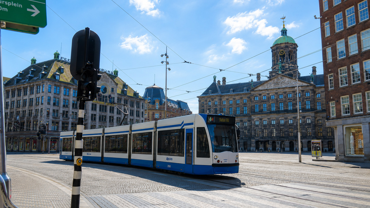Amsterdam spring walk around Dam Square and tram lines