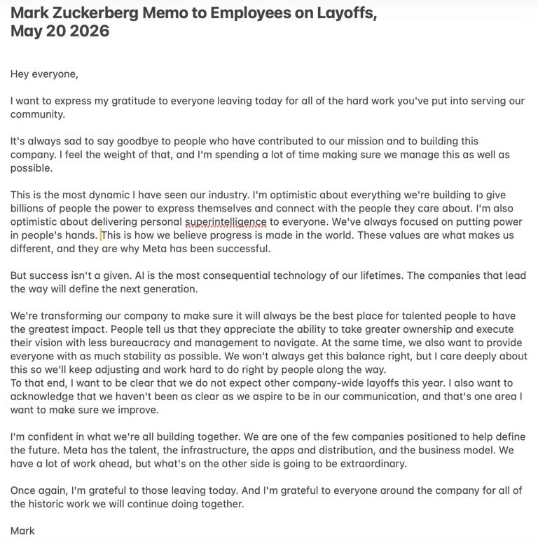 Meta layoffs 2026: Company memo to employees, severance package and ...