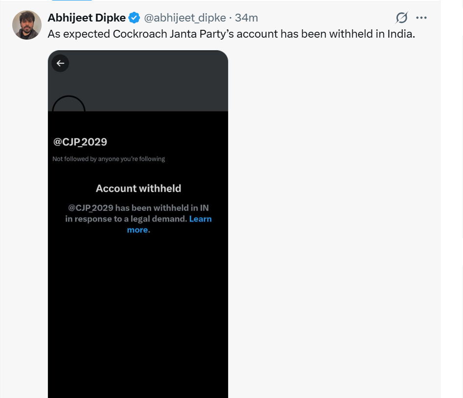 Cockroach Janta Party's X account withheld in India hours after it ...