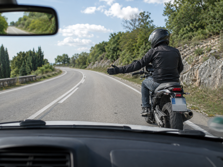 Zie je een motorrijder zijn hand open en dicht doen? Dit probeert hij ...