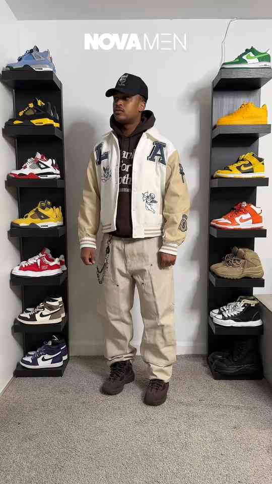 NovaMEN streetwear outfit with varsity jacket and utility pants