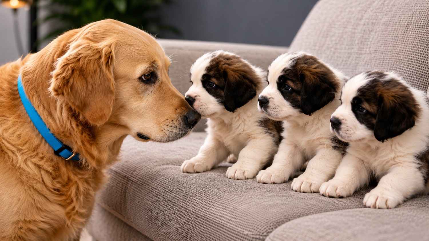 Gentle golden retriever meets 2 week old puppies