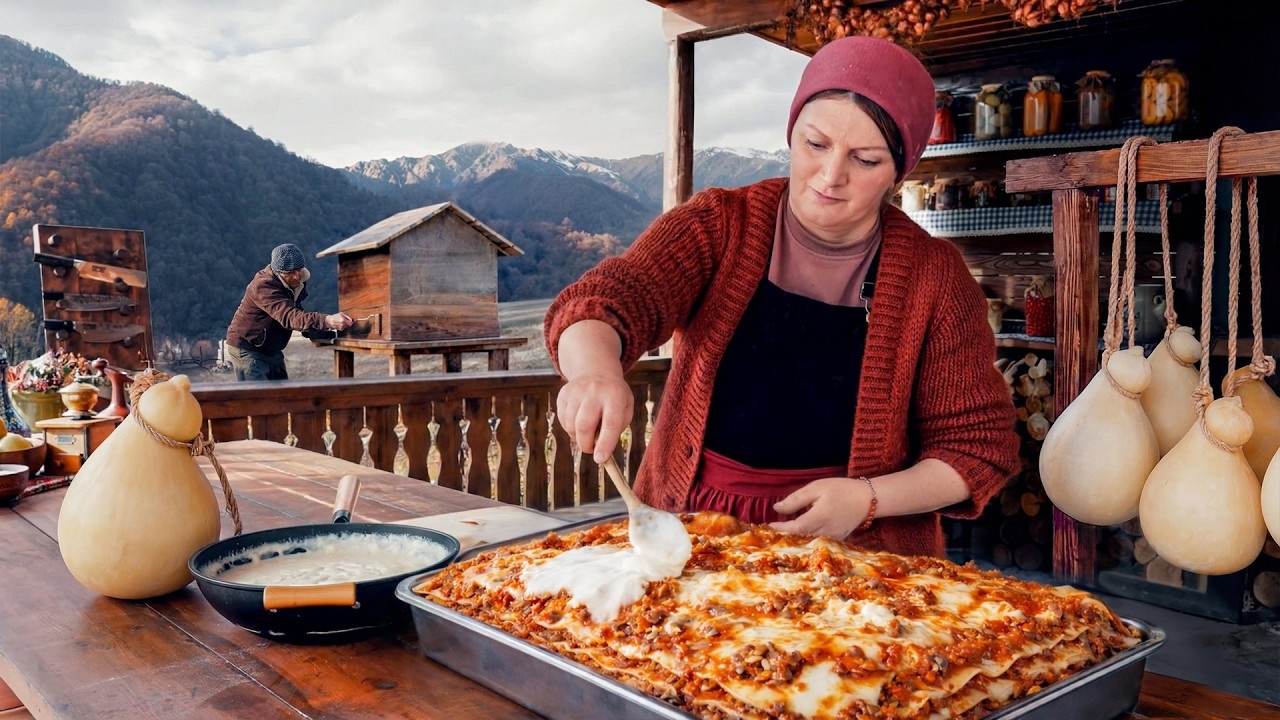 Making traditional village lasagna with Italian cheese