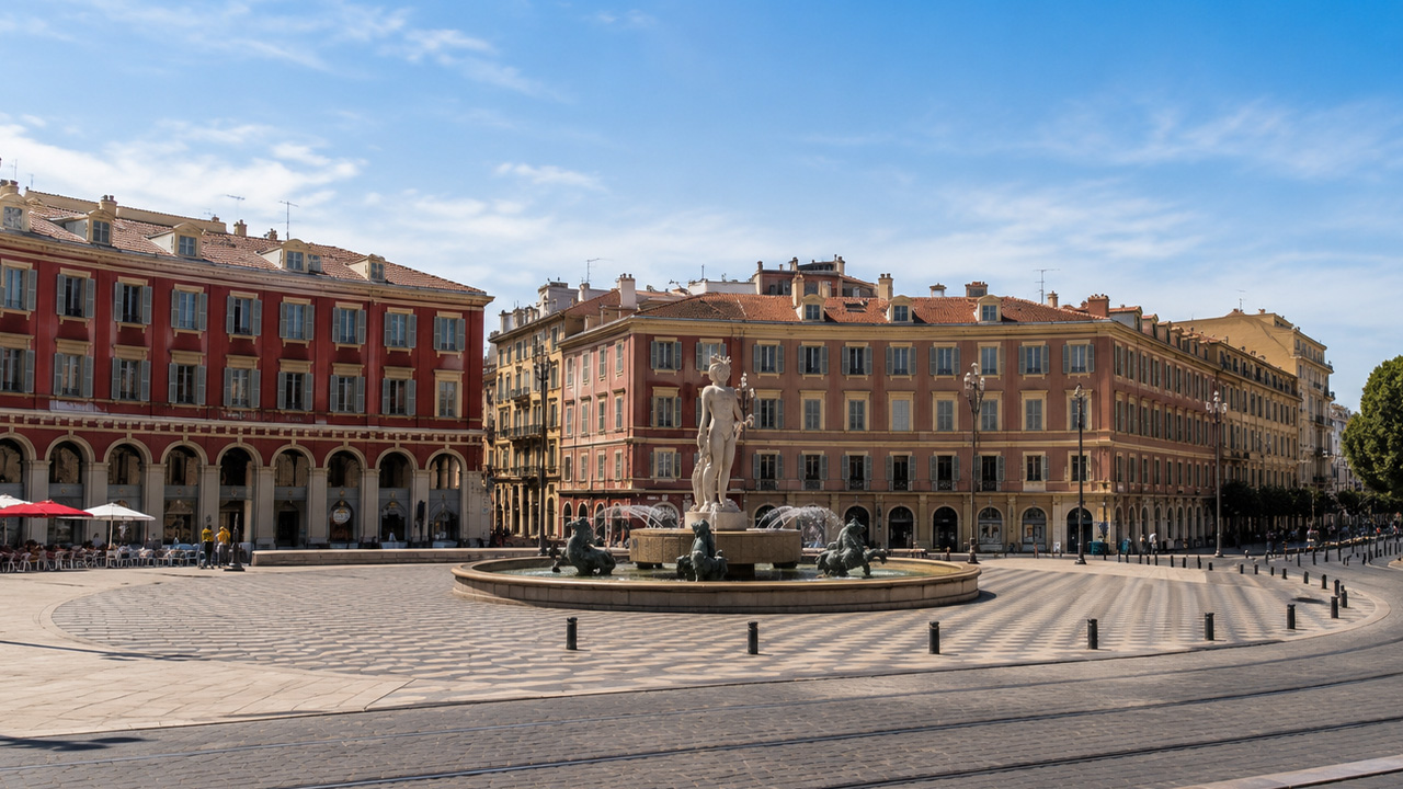 Nice fountain square framed by elegant Mediterranean buildings