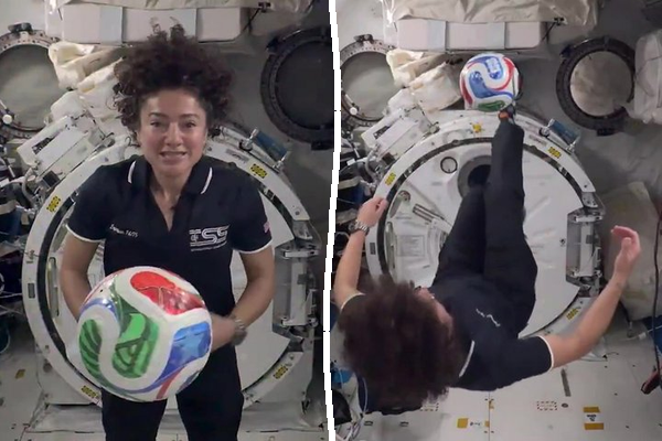 Astronaut does bicycle kick in space during soccer science lesson
