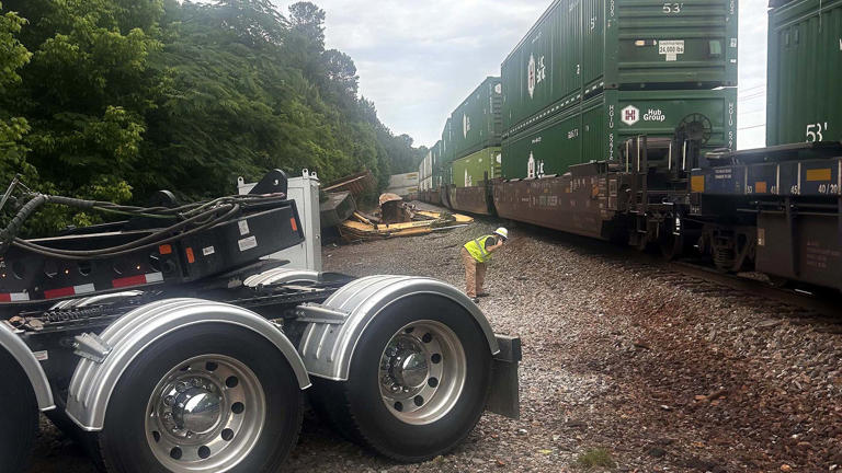 Train crashes into truck, derails in Hall County, sheriff says