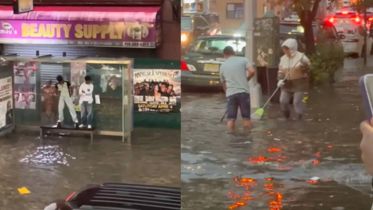 NYC turned into a river: Kids stranded on bus stop bench during violent ...