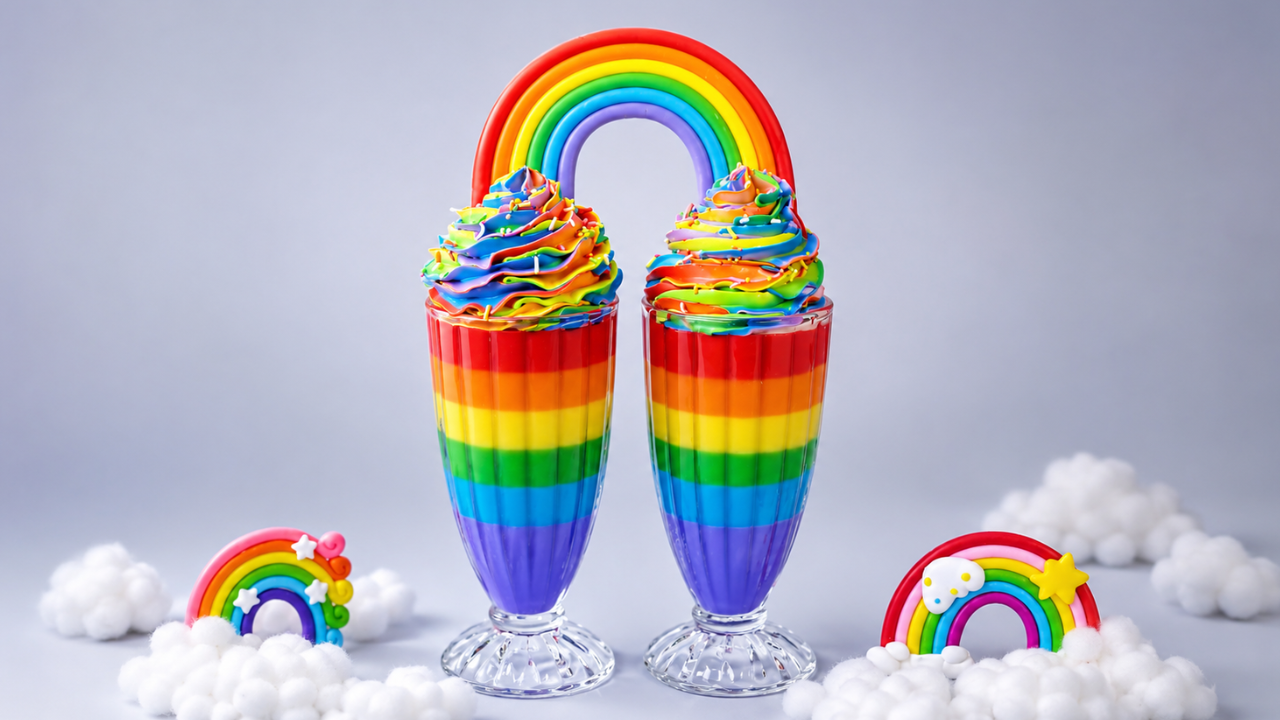 Colorful rainbow milkshake with whipped cream