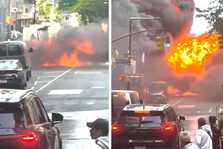 Moment car explodes near Wall Street’s iconic Charging Bull statue