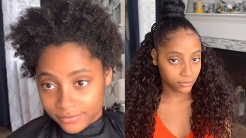 Curly hair half up half down weave that looks polished