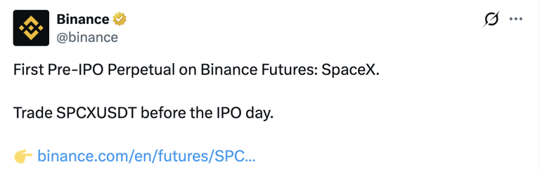 Binance launches SpaceX-linked perpetual futures ahead of IPO