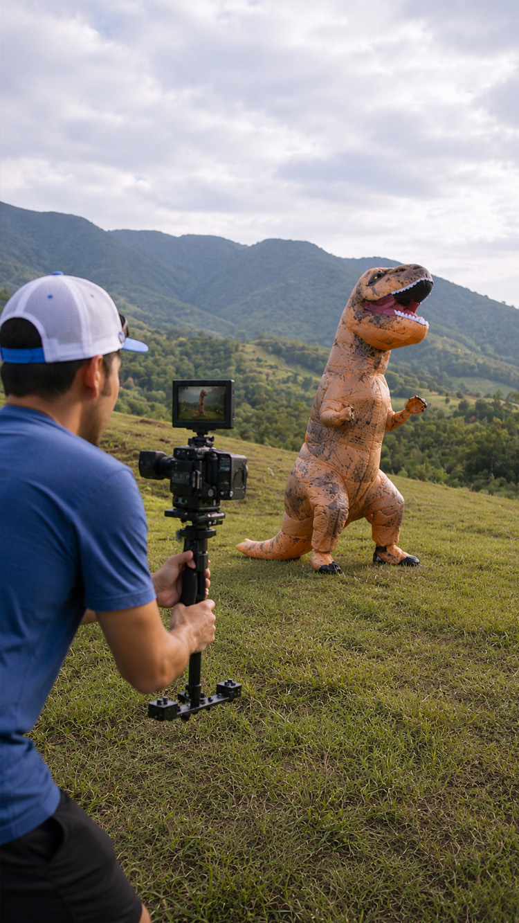 Behind the scenes of a cinematic T-Rex sequence