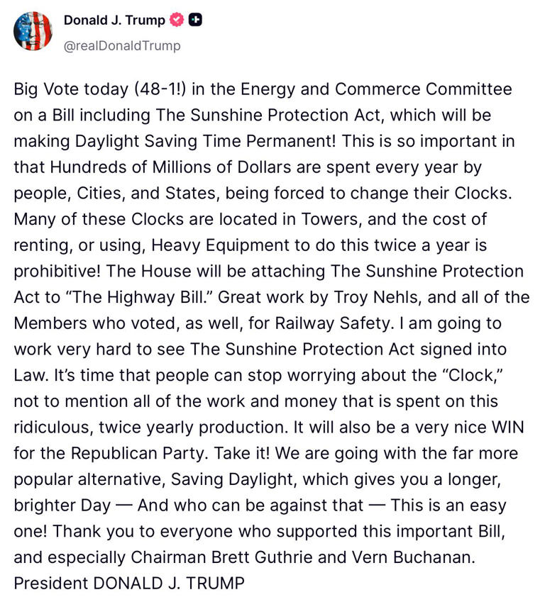 Trump pushes Congress to make daylight saving time permanent