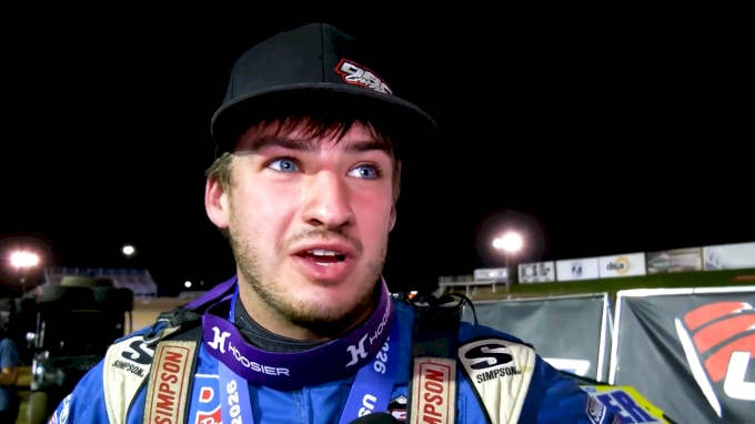 Briggs Danner reacts after dominating USAC Sprints Circle City Salute