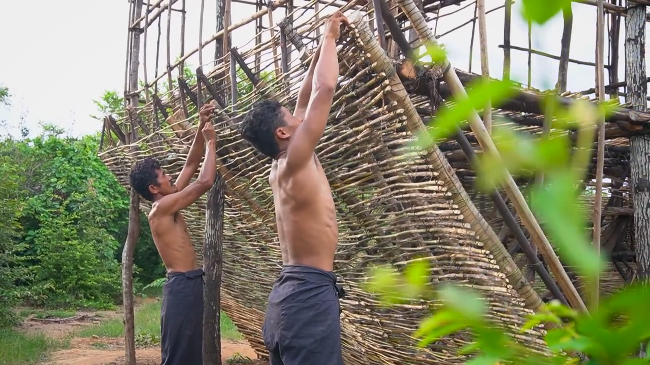 Watch these primitives push through fatigue to build a living shelter ...