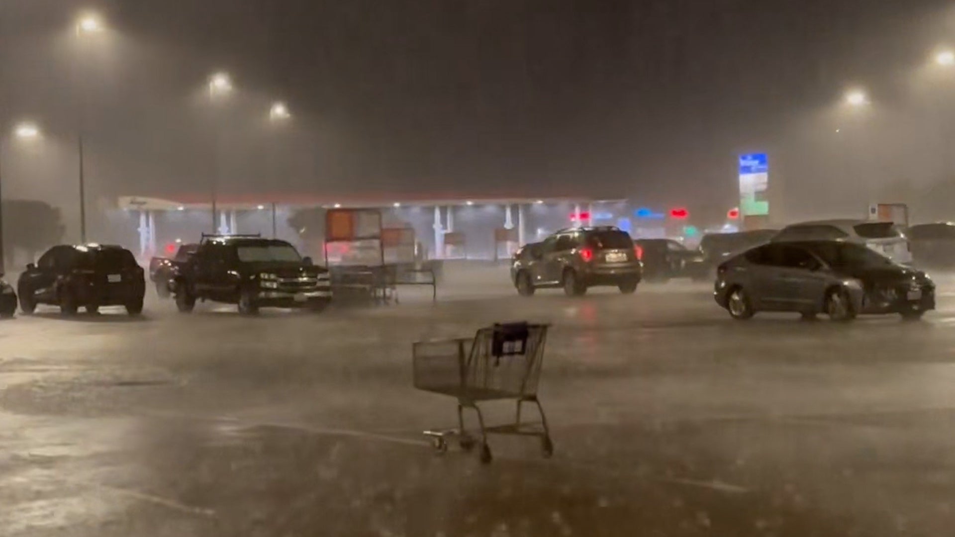 Texas storms turn parking lot into horror movie scene