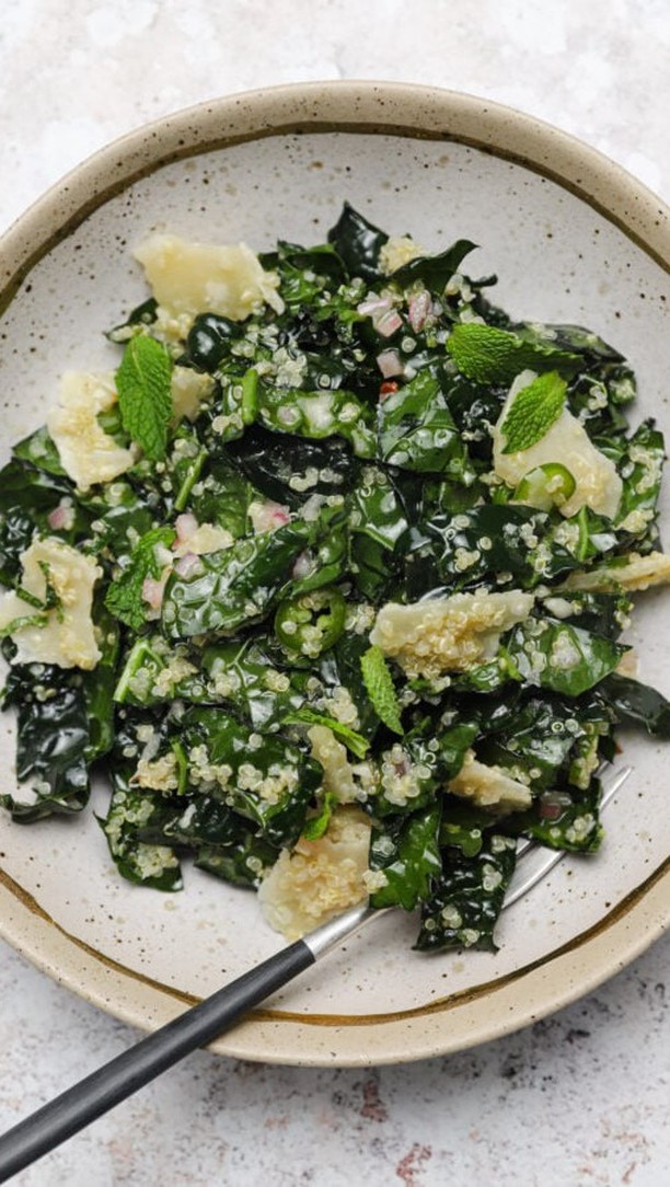 Simple kale salad with quinoa parmesan and fresh mint