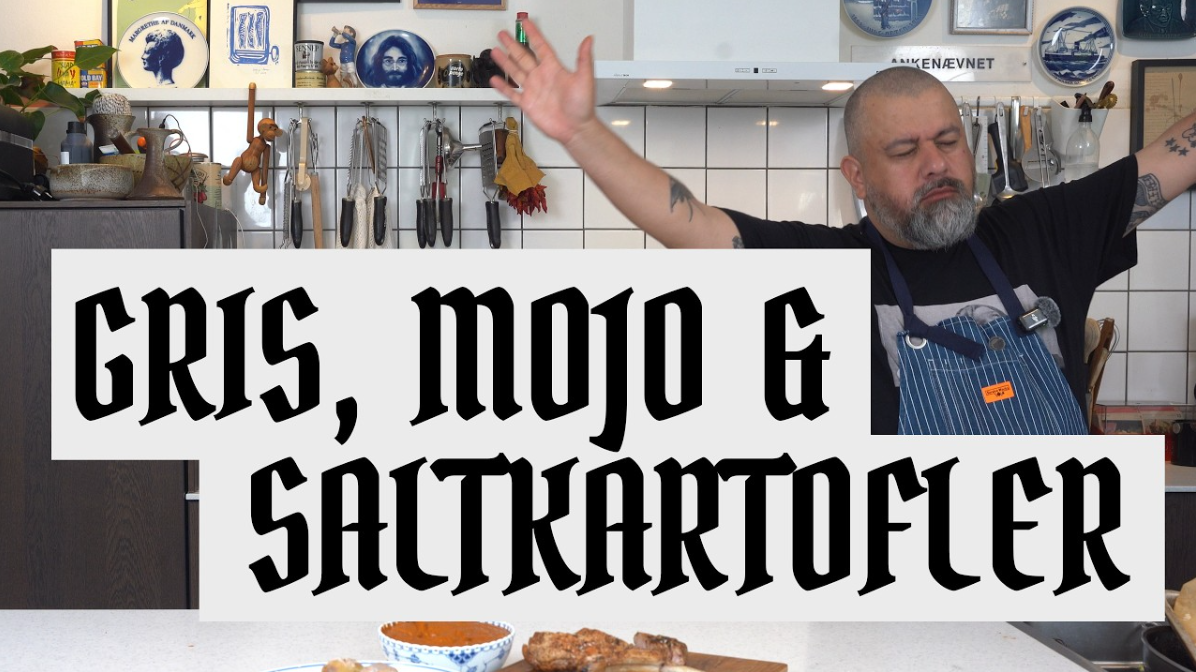Kotelet med håndtag, saltkartofler og mojo
