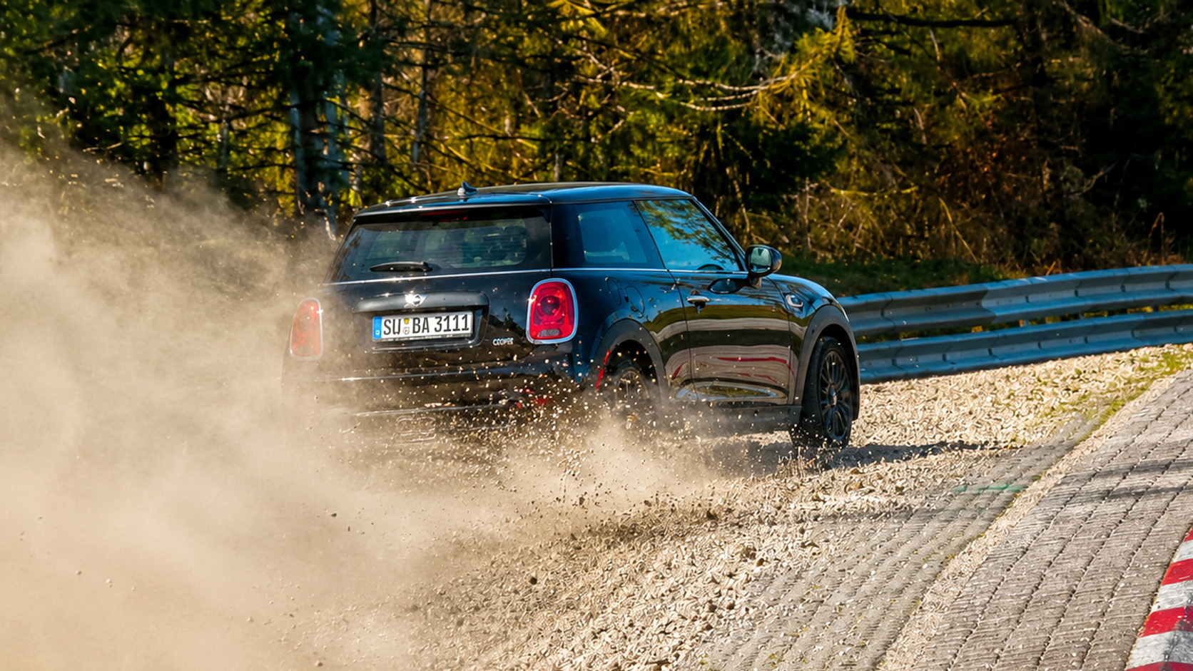 Mini goes out of control and creates massive dust after sliding off track