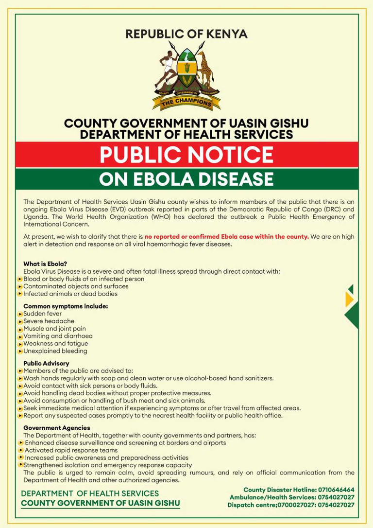 Uasin Gishu clears Eldoret Ebola virus scare after suspected case tests ...