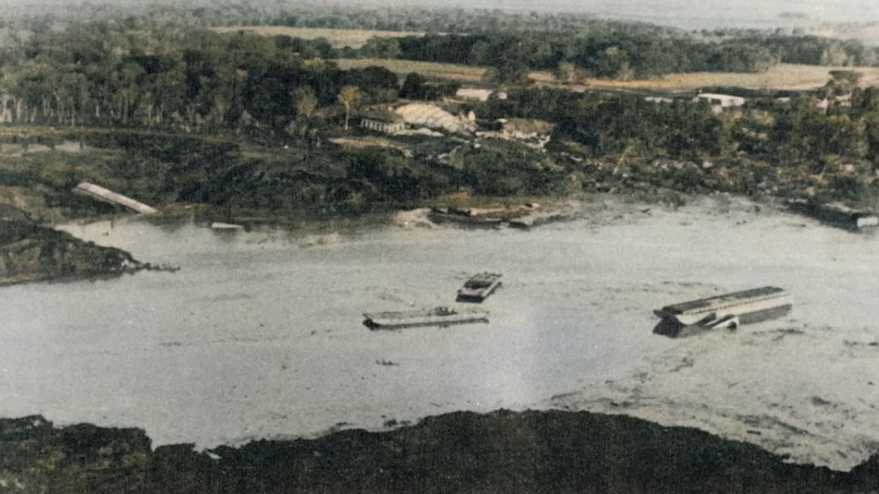 A giant whirlpool dragged barges, trees and buildings into the earth