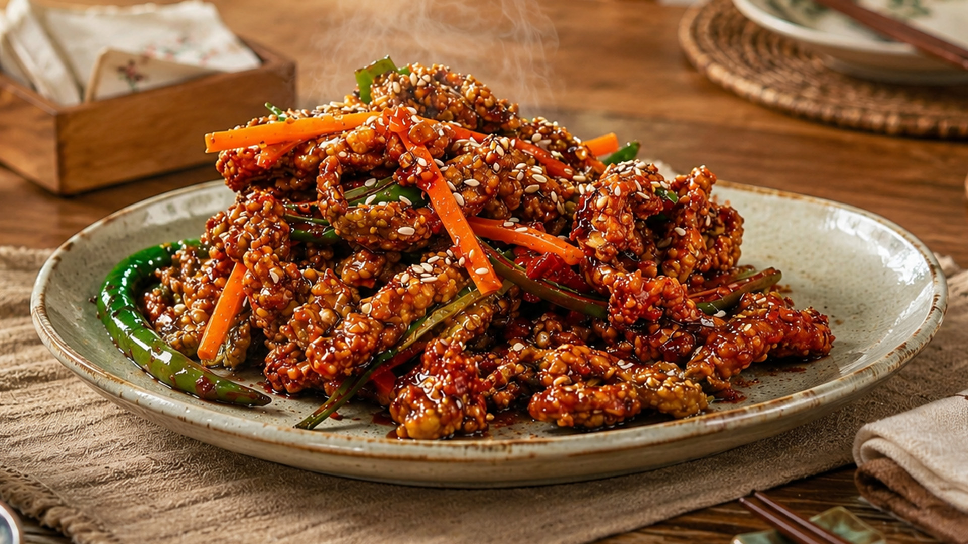 Homemade crispy beef with light crunch and rich sauce