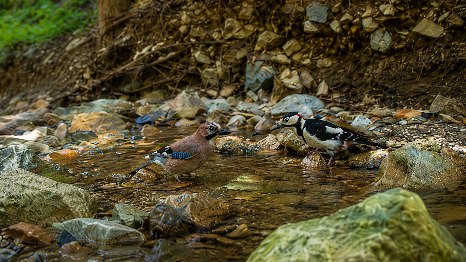 Wildlife camera records birds wandering through a rocky stream