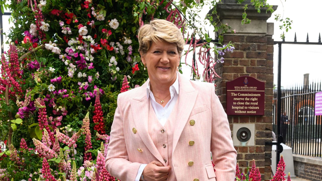 Forget florals, Clare Balding's pastel pink three-piece suit is the ...