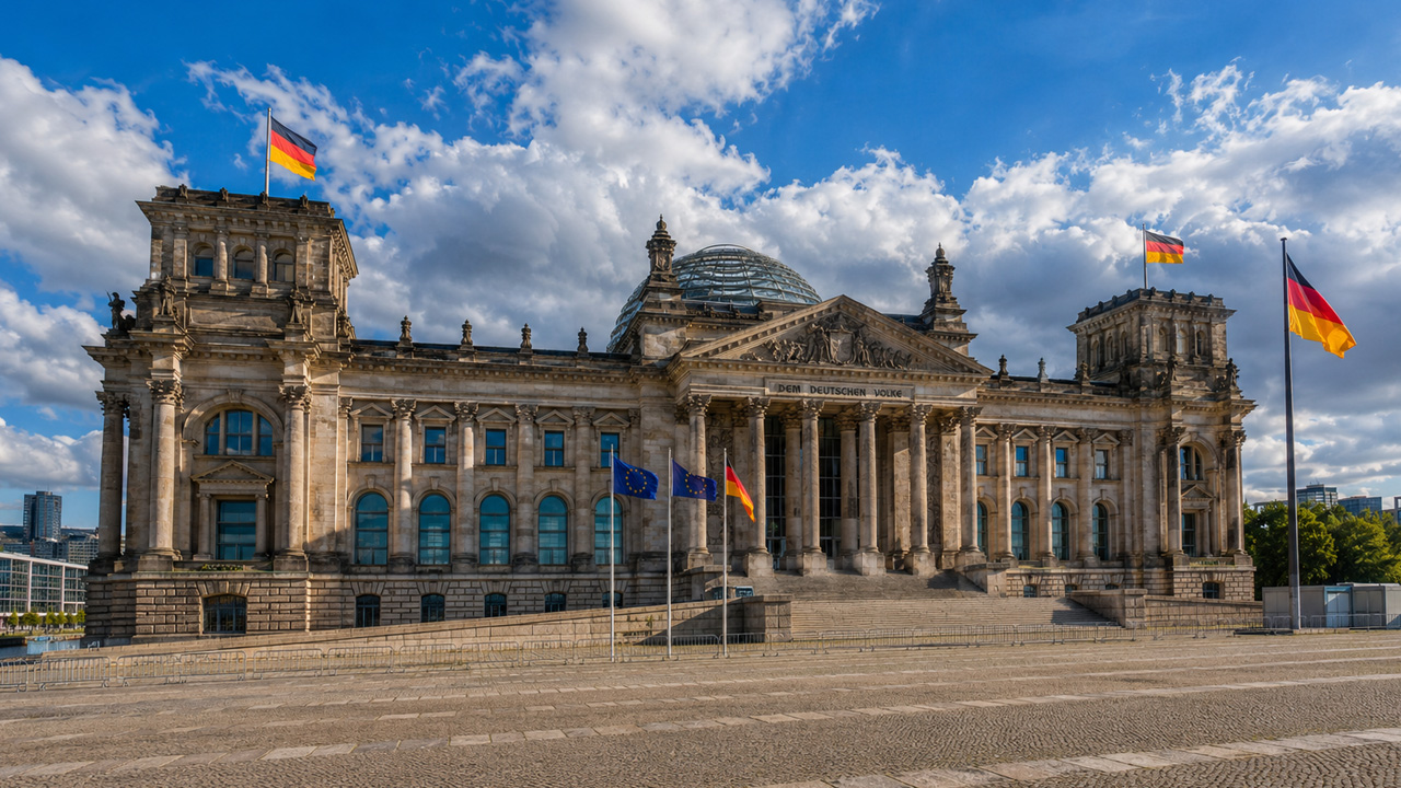 Berlin Reichstag standing beneath dramatic cloudy skies