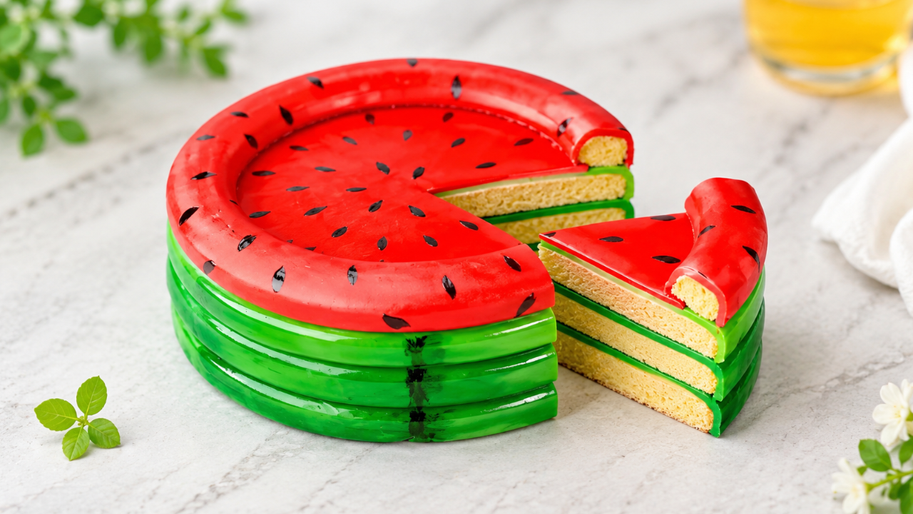 Watermelon shaped cake with layered filling