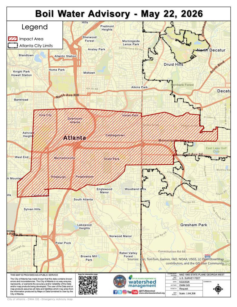 Boil water advisory issued for downtown Atlanta, east Atlanta