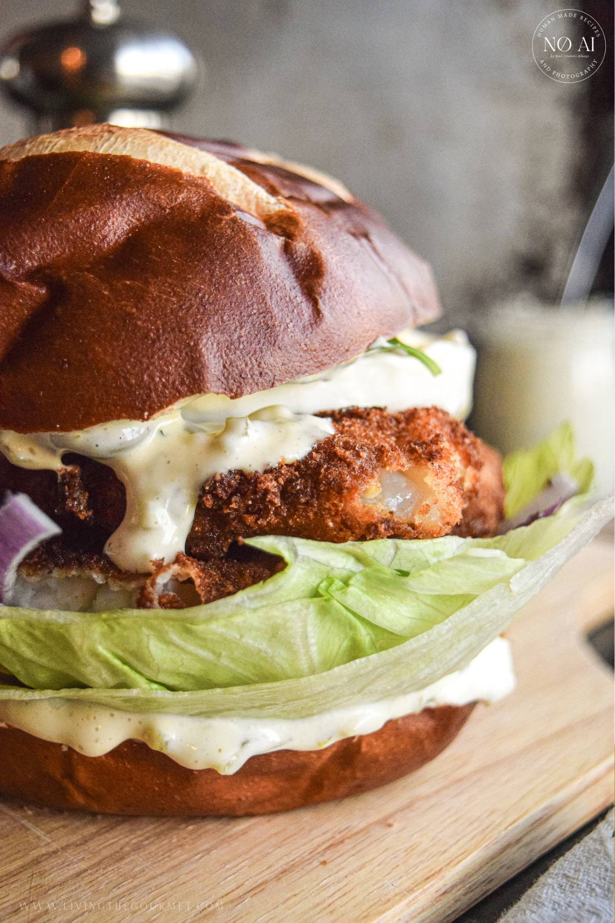 Crispy flounder fillet sandwiches on pretzel buns
