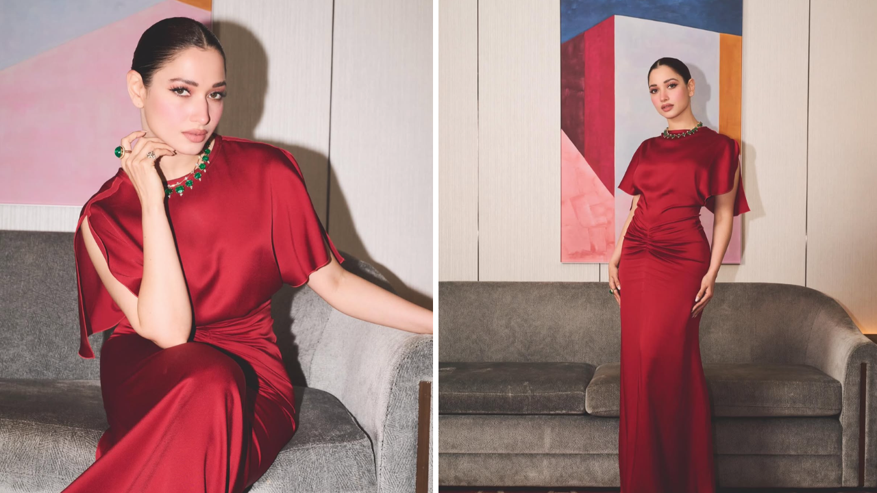 Tamannaah Bhatia’s ruby-red gown was pure old-Hollywood glamour